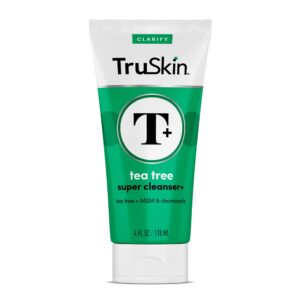 truskin tea tree super cleanser – acne face wash with tea tree oil, aloe vera, chamomile & msm – facial cleanser deeply cleanses to target impurities and excess oil for calm, fresh skin, 4 fl oz