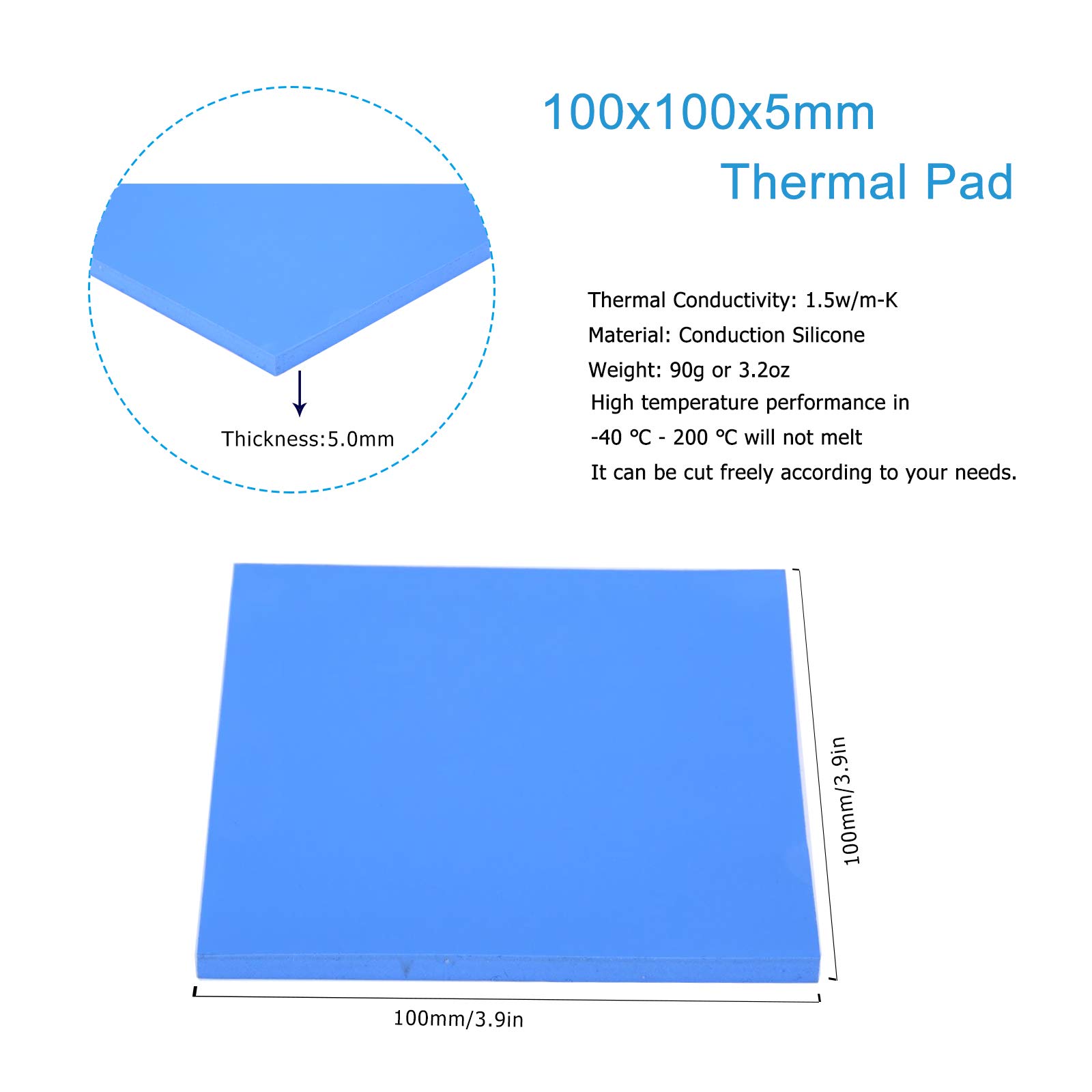 Marame Thermal Pad 1.5 W/mK 100x100x5mm Soft High Efficient Thermal Conductivity Thermal Pads IC Chipset Northbridge for CPU GPU Heatsink Blue