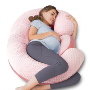 queen rose e shaped pregnancy pillows for sleeping, detachable body pillow for pregnant side sleeper, pink bubble velvet, 60in