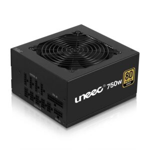 uneec 750 watt power supply 80 plus gold fully modular pc atx computer psu 750w with ul ce quality standards, quiet cooling fan, supports gaming sti crossfire game, dual cpu, active pfc auto adapter