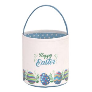 lessmo easter bunny basket egg buckets gifts tote bags, canvas cotton blue cute personalized egg hunt basket stuffers for easter party