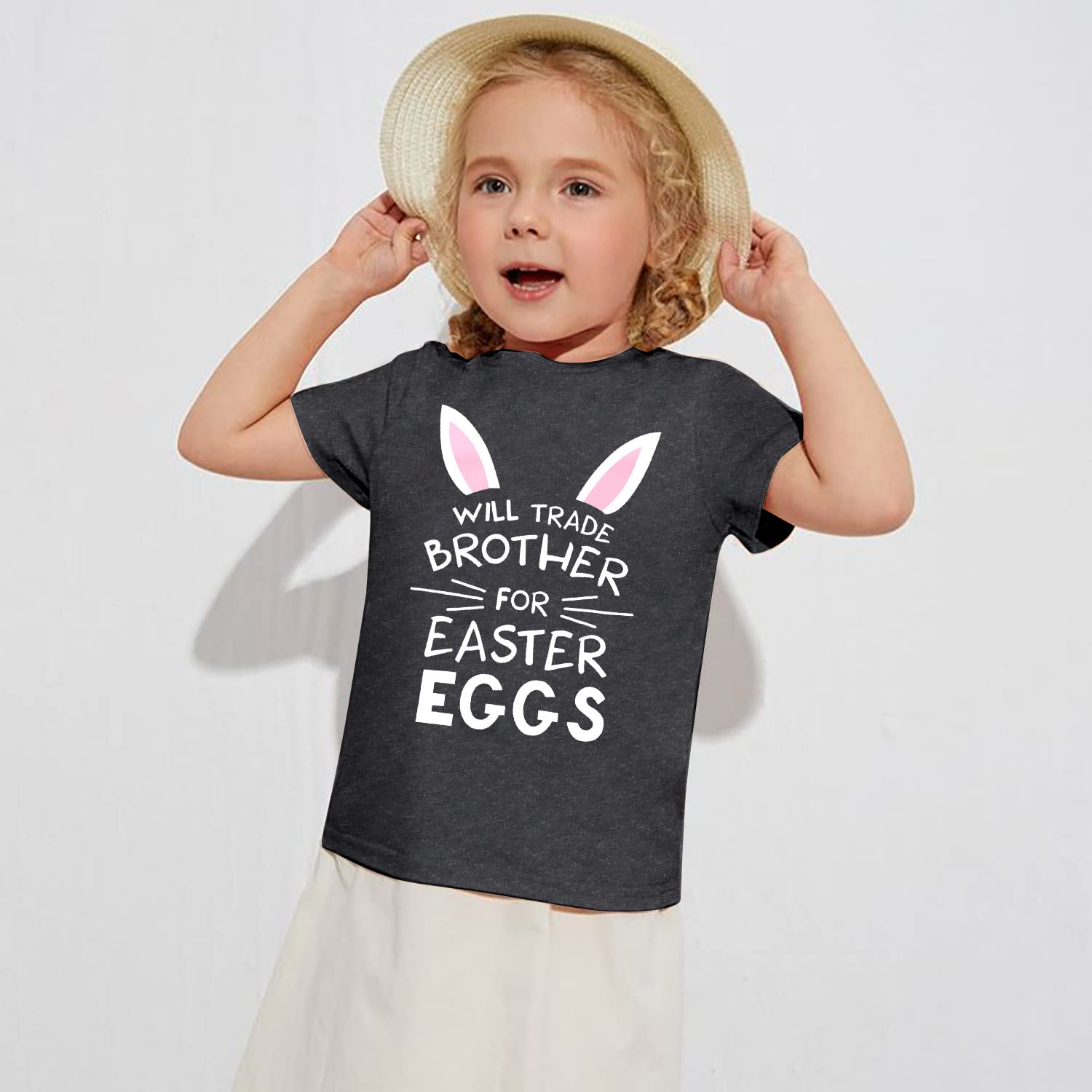 Baby Easter Shirt Trade Brother Sister for Easter Eggs Tshirt Toddler Bunny Short Sleeve Cotton Tops Grey