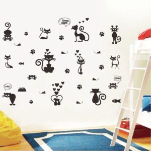 ANFRJJI Removable PVC Wall Sticker - Lovely Cat Light Switch Decal with Cartoon Animal Mural - Effect 41"x55"inch - Cute and Fun Home Decor for Kids and Cat Lovers (Black-JWH210-Cat)