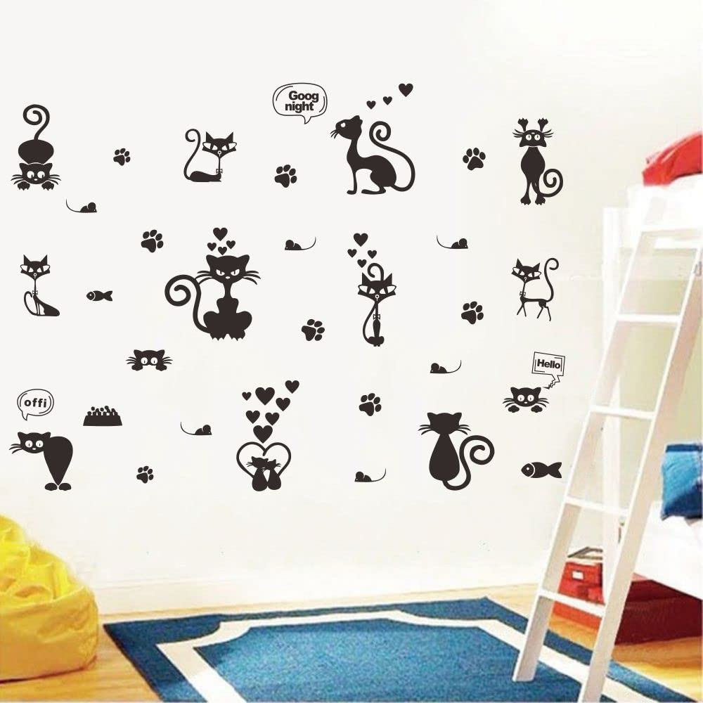 ANFRJJI Removable PVC Wall Sticker - Lovely Cat Light Switch Decal with Cartoon Animal Mural - Effect 41"x55"inch - Cute and Fun Home Decor for Kids and Cat Lovers (Black-JWH210-Cat)