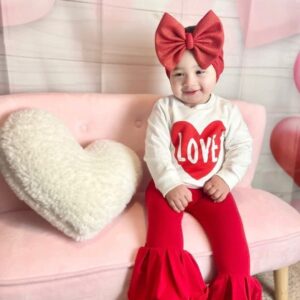 oneflow Toddler Baby Girls Valentines Day Outfits Love Heart Print Shirt Pullover Top Flared Pants Fall Spring Clothes Set (18-24 Months,A-Red Flared Outfit)