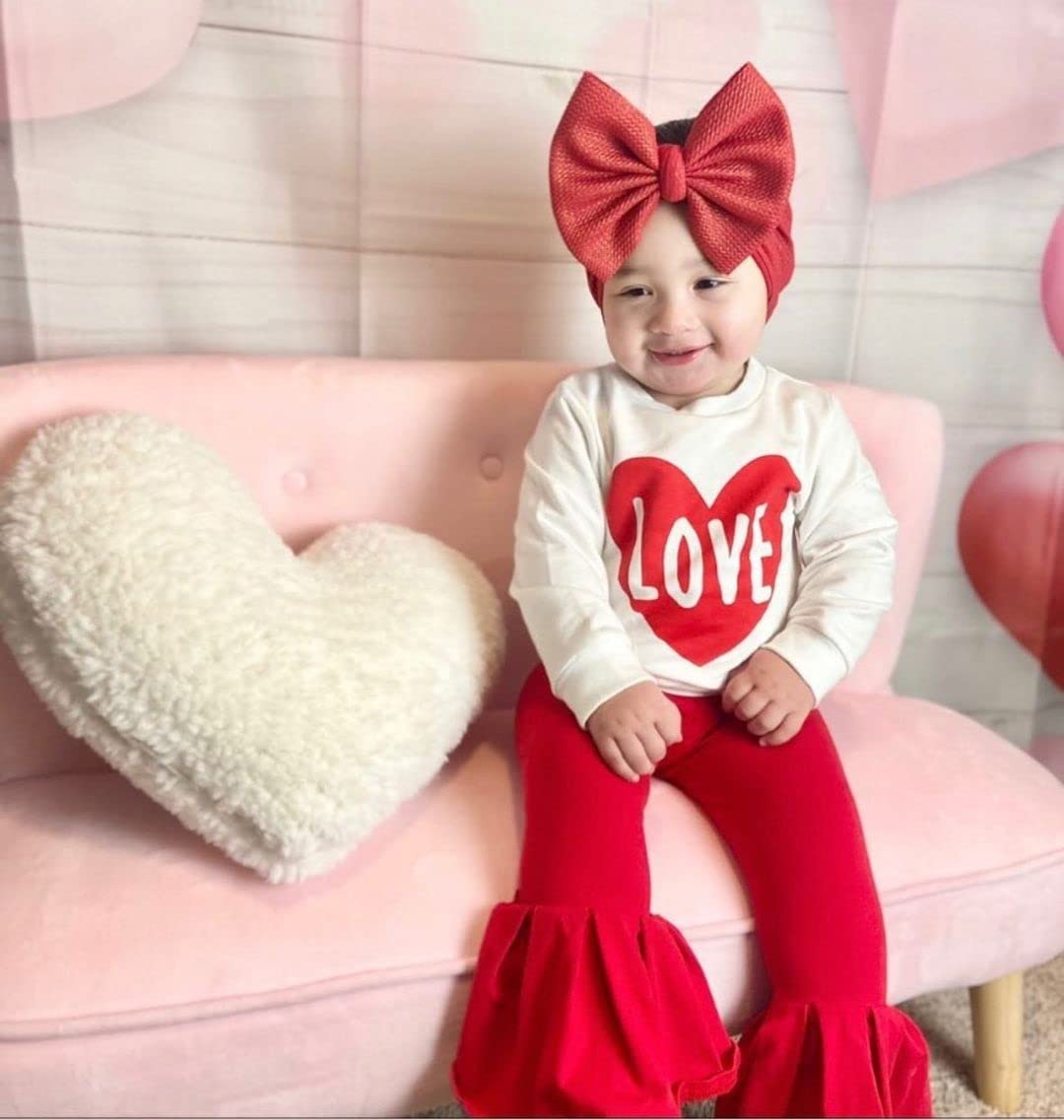 oneflow Toddler Baby Girls Valentines Day Outfits Love Heart Print Shirt Pullover Top Flared Pants Fall Spring Clothes Set (18-24 Months,A-Red Flared Outfit)