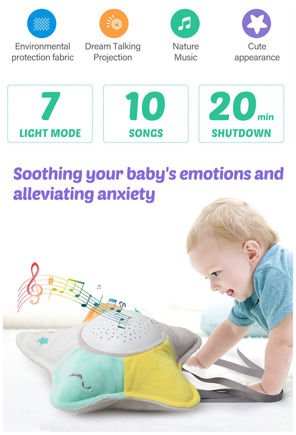 Konig Kids Baby Musical Sleep Soothers with Star Projector, Travel Soothing Sound Machine, Portable Plush Sleep Aid for Toddlers with Soothing Night Light, 10 Lullabies, White Noise, Auto Power Off