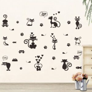 ANFRJJI Removable PVC Wall Sticker - Lovely Cat Light Switch Decal with Cartoon Animal Mural - Effect 41"x55"inch - Cute and Fun Home Decor for Kids and Cat Lovers (Black-JWH210-Cat)