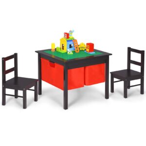 costzon kids table and chair set, children wooden activity table w/storage, double-sided building block tabletop, drawer, 2 chairs for preschool, nursery, kindergarten, toddler table & chair, espresso