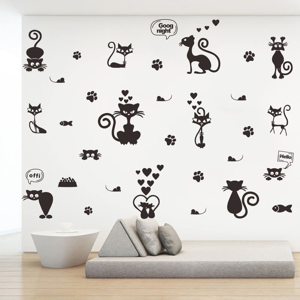 ANFRJJI Removable PVC Wall Sticker - Lovely Cat Light Switch Decal with Cartoon Animal Mural - Effect 41"x55"inch - Cute and Fun Home Decor for Kids and Cat Lovers (Black-JWH210-Cat)