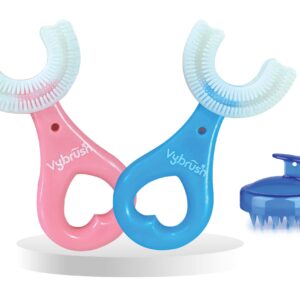 Vybrush U Shaped Toothbrush Kids 2-6 Whole Mouth Infant Toothbrush with 360° Food Grade Silicone Head and a Shampoo Toddler Brush Massager in Cool Pink & Blue Heart Styles in a Giftable Pack