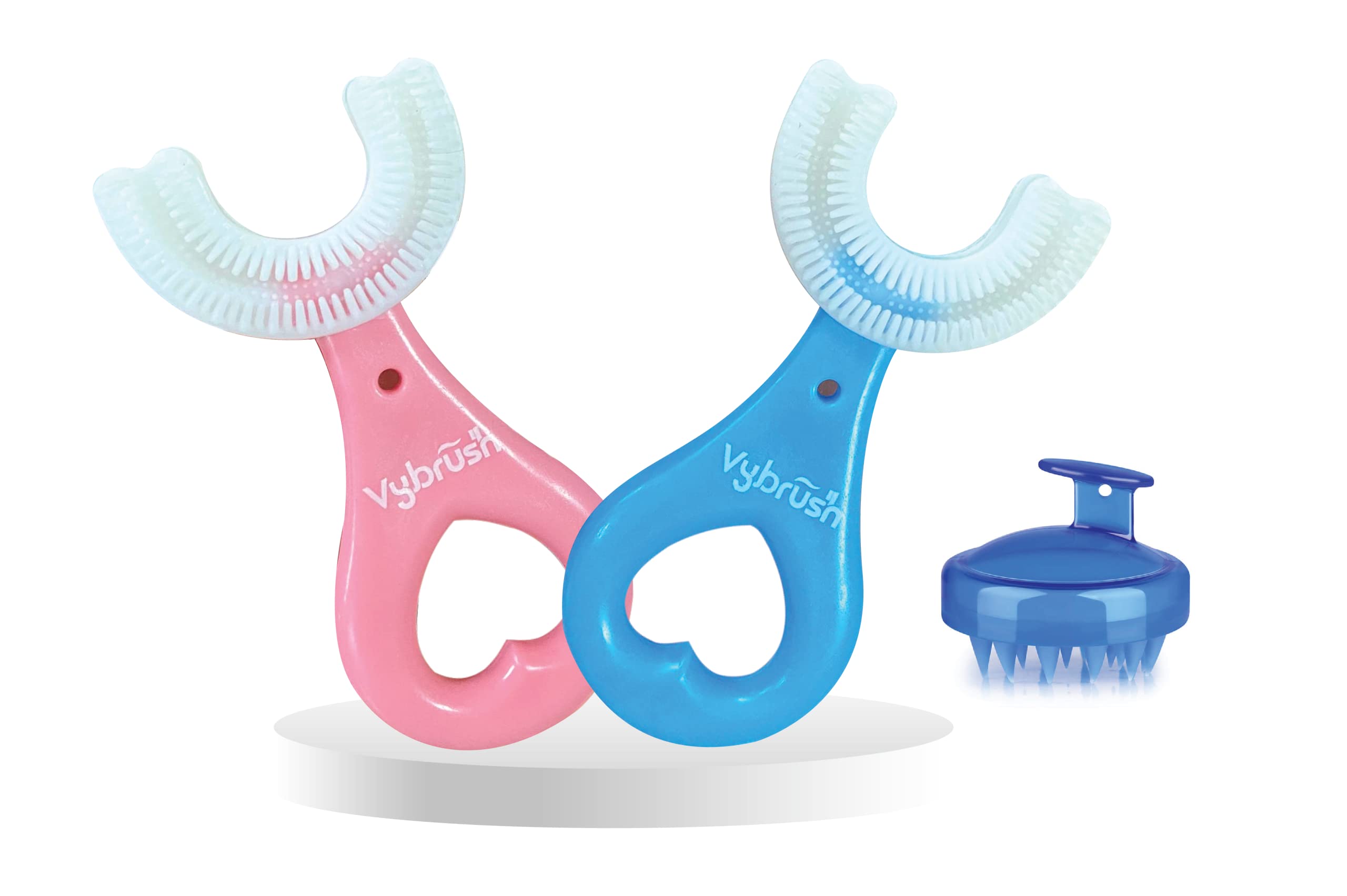 Vybrush U Shaped Toothbrush Kids 2-6 Whole Mouth Infant Toothbrush with 360° Food Grade Silicone Head and a Shampoo Toddler Brush Massager in Cool Pink & Blue Heart Styles in a Giftable Pack