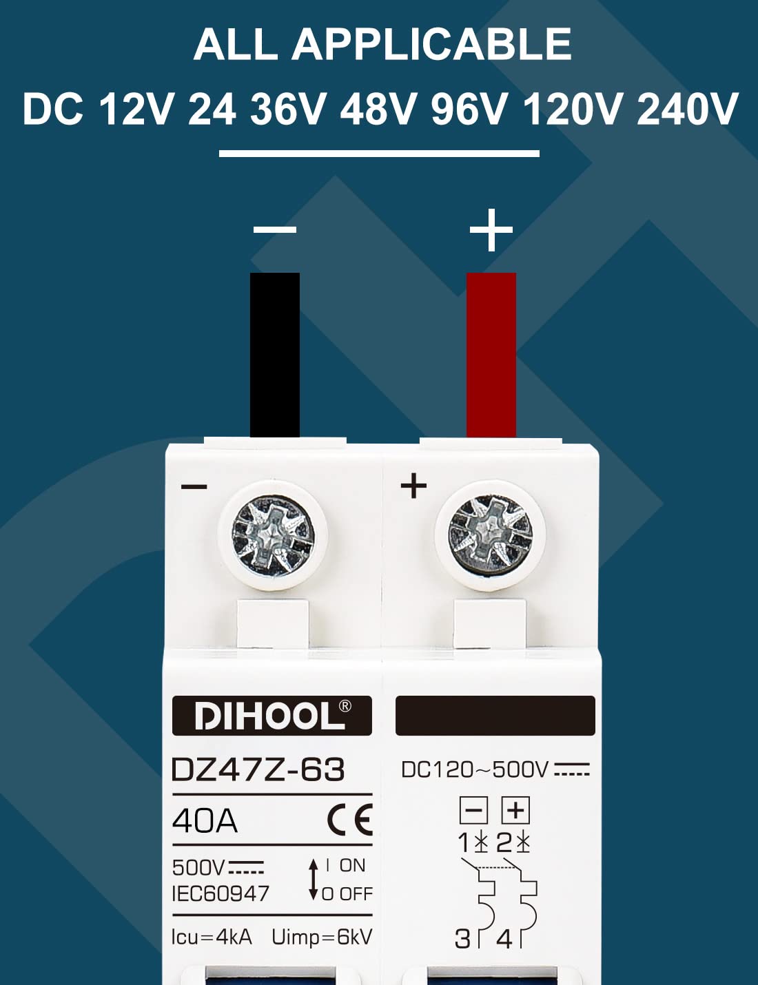 DIHOOL 40 Amp dc circuit breaker, 2-pole 500V DIN Rail Mount solar disconnect switch for Solar panels