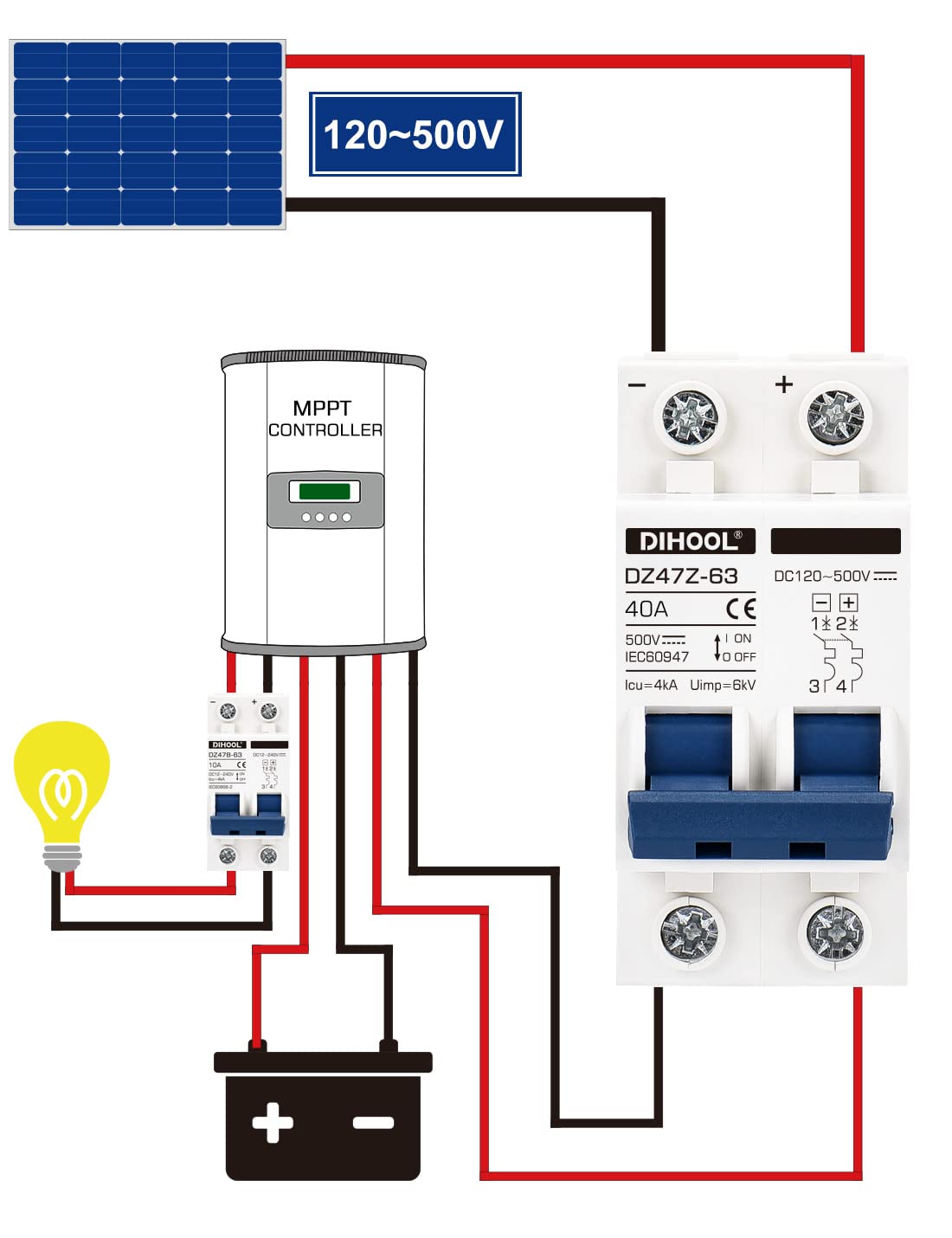 DIHOOL 40 Amp dc circuit breaker, 2-pole 500V DIN Rail Mount solar disconnect switch for Solar panels