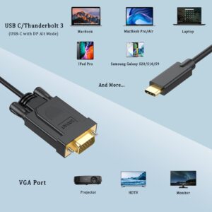 UVOOI USB C to VGA Cable 6 Feet, Thunderbolt 3 Type C to VGA Cable Adapter Compatible with MacBook Pro/Air, iPad Pro, Dell XPS 13/15/17, Surface Book 3/Pro 7, Pixelbook, Samsung Galaxy S22/S20/S10