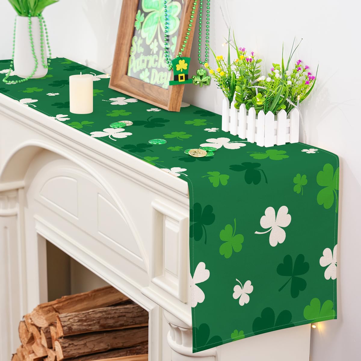 Siilues St. Patrick's Day Table Runner, St. Patrick's Day Decorations Green Shamrock Seasonal Spring Holiday Table Decorations for St. Patrick's Day Party Dining Table Decor (13'' x 72'')