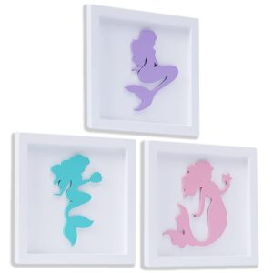 junyruny 3d mermaid wood framed wall decor, mermaid bathroom decor for girl, baby girl bedroom decor, mermaid room decor for teens girls, little mermaid nursery accessories, hanging wall art