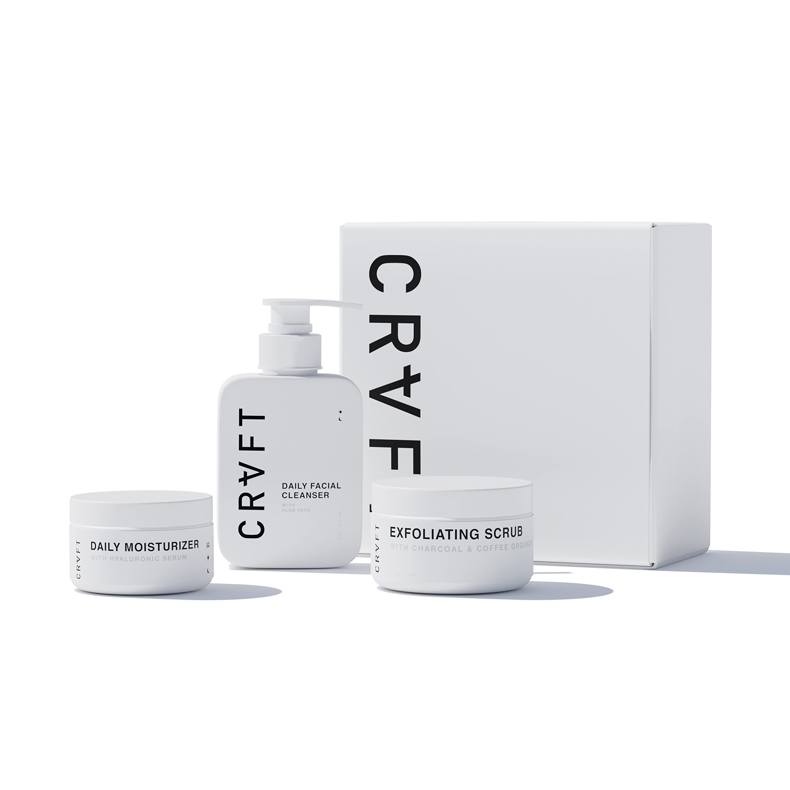 CRVFT Men’s Facial Care Kit | Aloe Vera Face Wash 3oz | Hyaluronic Moisturizer 1oz | Charcoal Exfoliating Scrub 1.7oz | 3 Piece Complete Daily Skin Care System | Look + Feel Your Best [Scented]