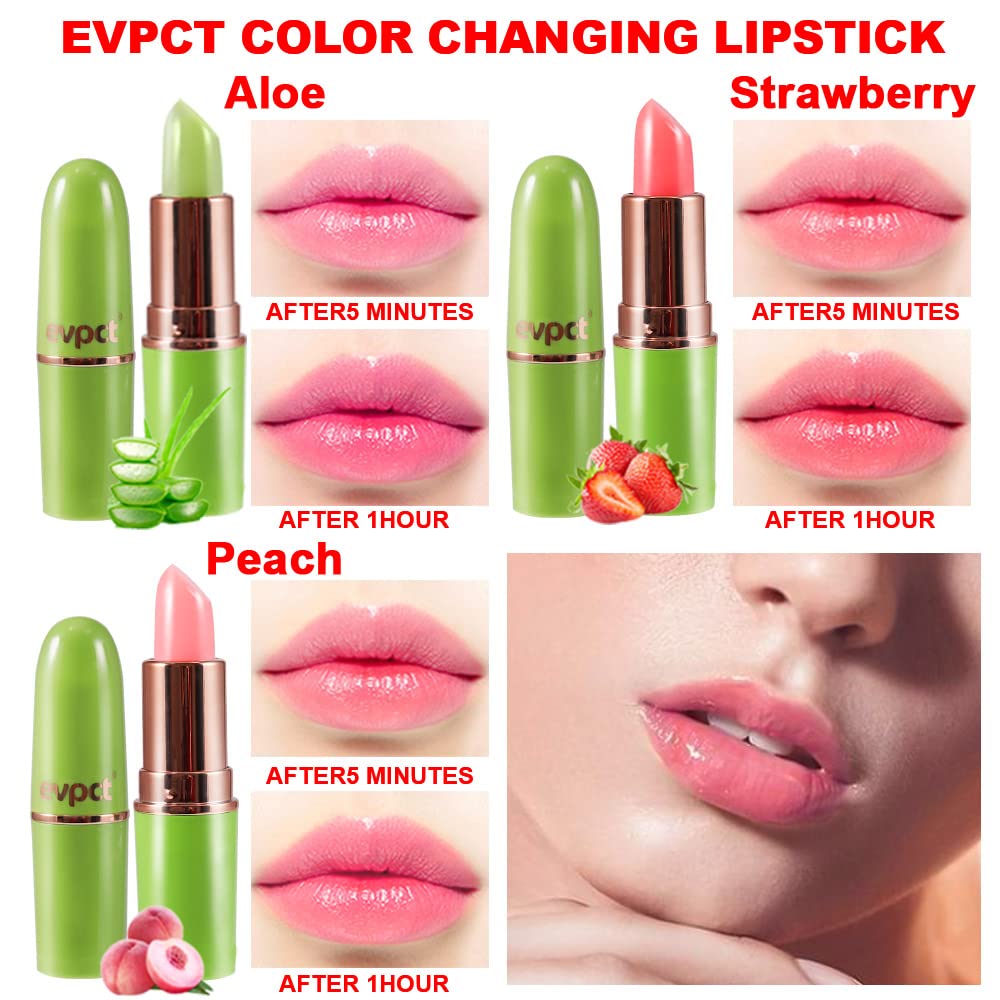 BINGBRUSH Color Changing Lipstick Queen,PH Mood Long Lasting Lip Gloss Korean Lip Balm Tinted Magic Makeup Moisturize Lipstick Set (3pcs Aloe+Strawberry+ Peach, 3 Count (Pack of 1))