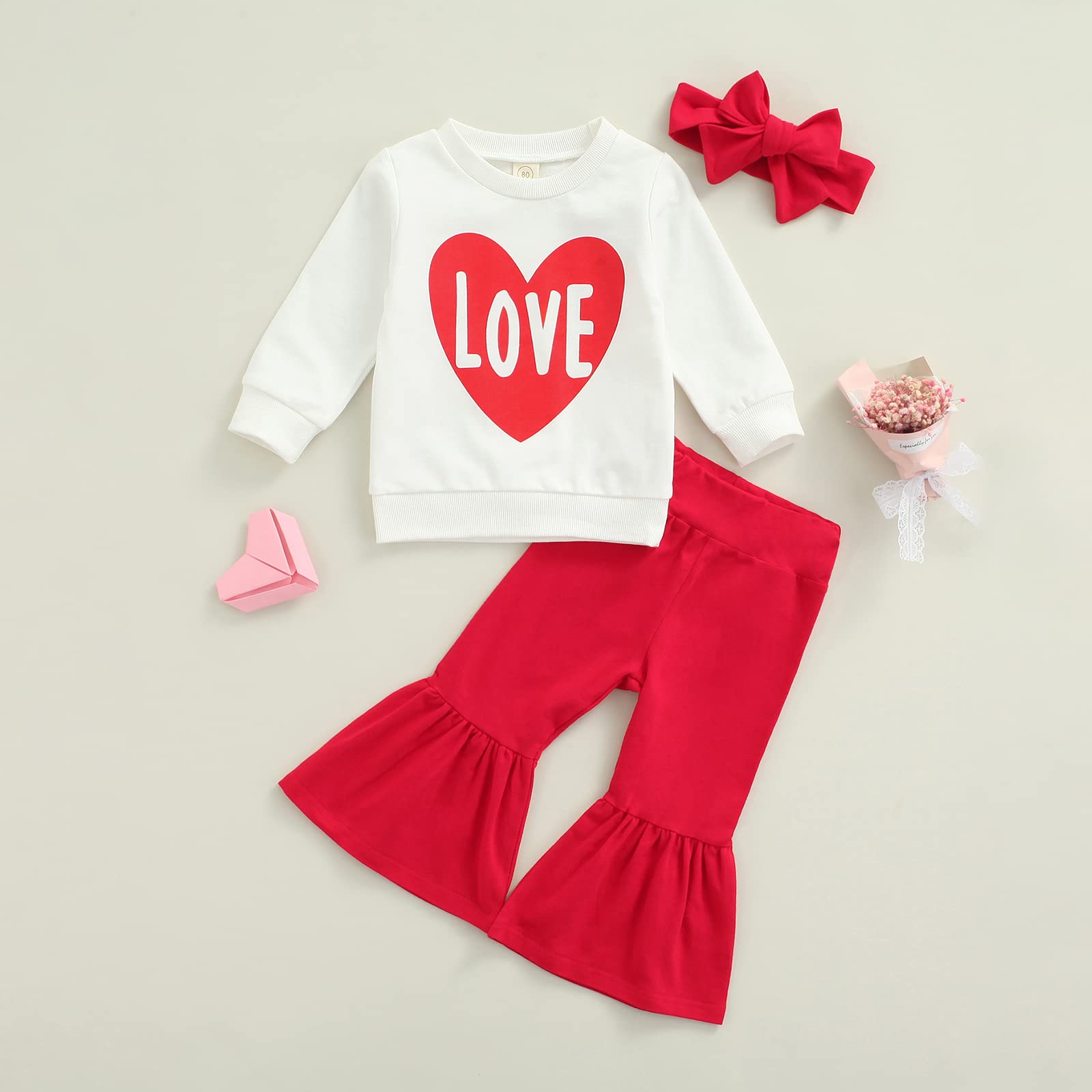 oneflow Toddler Baby Girls Valentines Day Outfits Love Heart Print Shirt Pullover Top Flared Pants Fall Spring Clothes Set (18-24 Months,A-Red Flared Outfit)