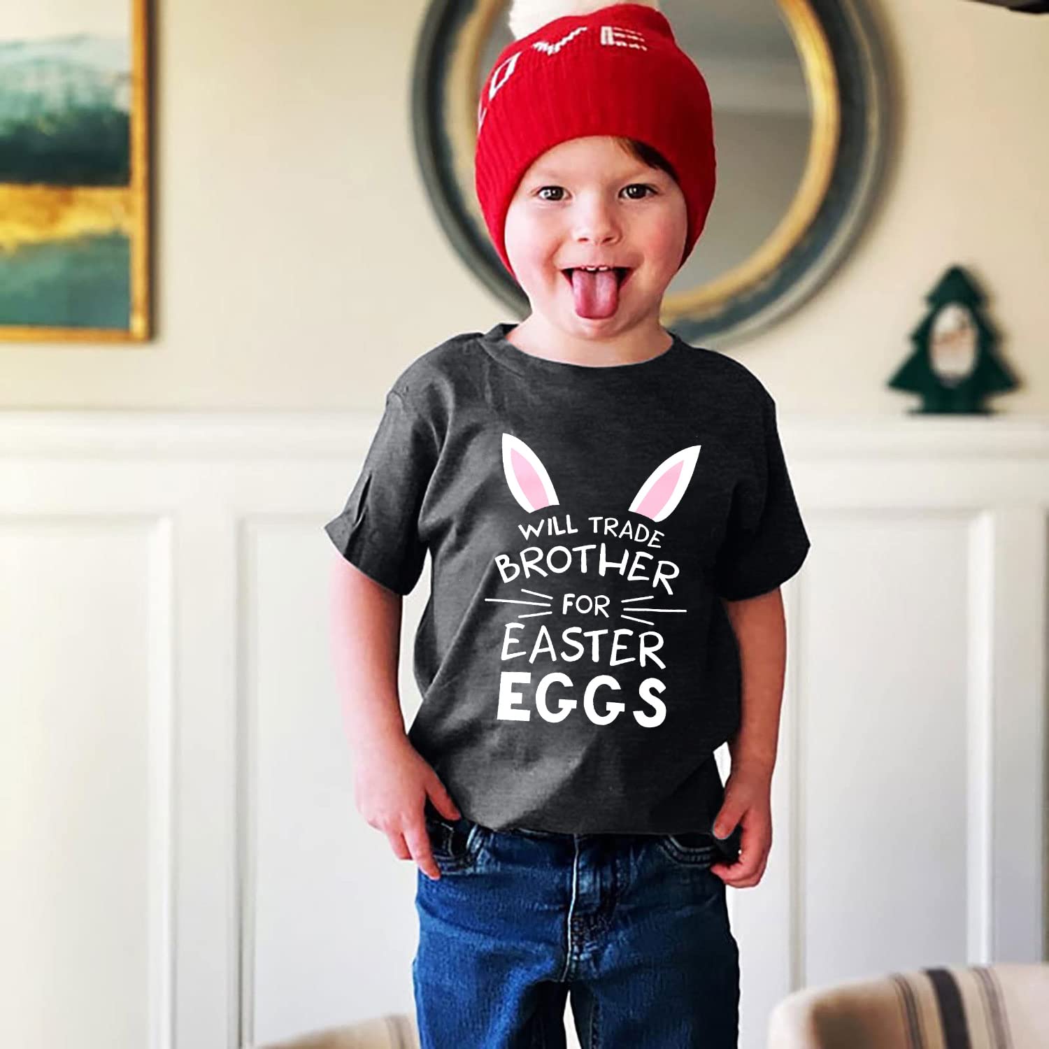 Baby Easter Shirt Trade Brother Sister for Easter Eggs Tshirt Toddler Bunny Short Sleeve Cotton Tops Grey