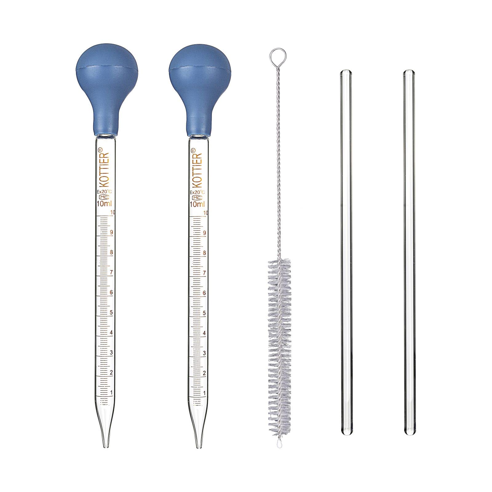 YEER 2Pcs 10ml Glass Graduated Droppers Lab Pipettes Liquid Glass Pipette with Rubber Caps 2 Pcs 20 cm Glass Stir Rod and Droppers Brush