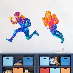 woyinis colorful football player wall decal, sports player silhouette wall stickers, peel & stick removable rugby wall decor stickers for living room playroom kids room wall decor