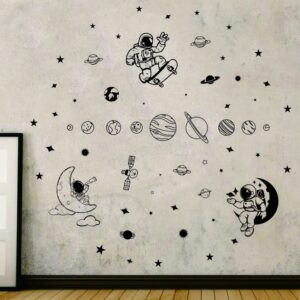 ANFRJJI Astronaut Wall Sticker - Removable PVC Vinyl Decals of Space Scooter, Telescope, Satellite and Planets - Cosmic Space Wall Decor for Kids Room, Game Room and Nursery - Galaxy Adventure Wall Art (Black-JWH214-Astronaut)