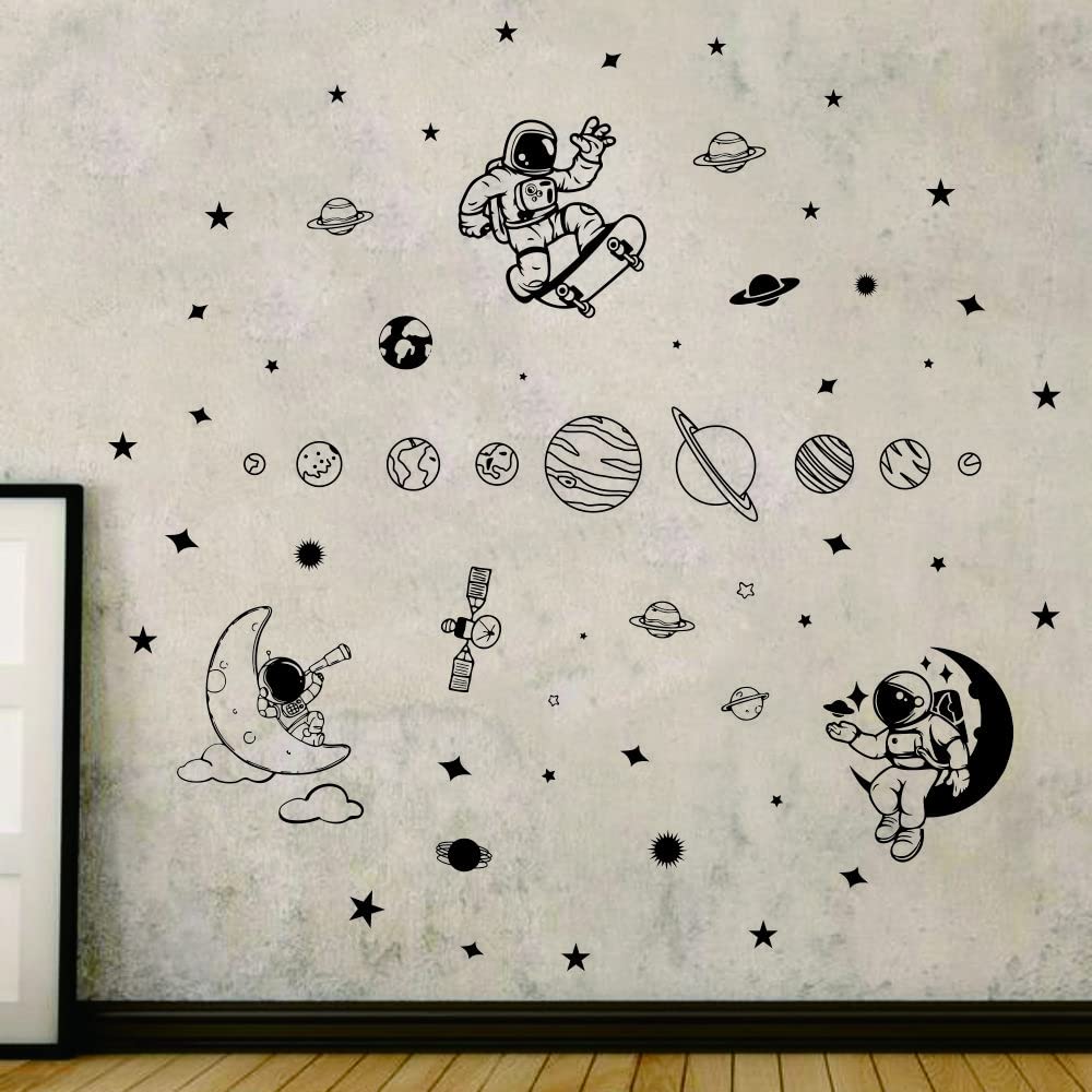 ANFRJJI Astronaut Wall Sticker - Removable PVC Vinyl Decals of Space Scooter, Telescope, Satellite and Planets - Cosmic Space Wall Decor for Kids Room, Game Room and Nursery - Galaxy Adventure Wall Art (Black-JWH214-Astronaut)