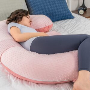 QUEEN ROSE E Shaped Pregnancy Pillows for Sleeping, Detachable Body Pillow for Pregnant Side Sleeper, Pink Bubble Velvet, 60in