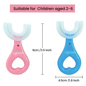 Vybrush U Shaped Toothbrush Kids 2-6 Whole Mouth Infant Toothbrush with 360° Food Grade Silicone Head and a Shampoo Toddler Brush Massager in Cool Pink & Blue Heart Styles in a Giftable Pack