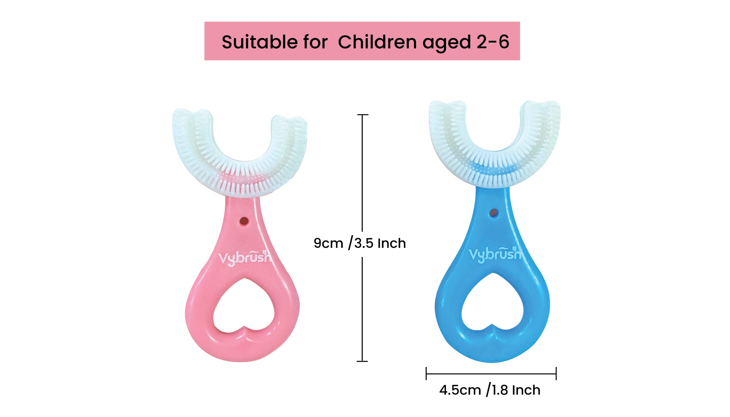 Vybrush U Shaped Toothbrush Kids 2-6 Whole Mouth Infant Toothbrush with 360° Food Grade Silicone Head and a Shampoo Toddler Brush Massager in Cool Pink & Blue Heart Styles in a Giftable Pack