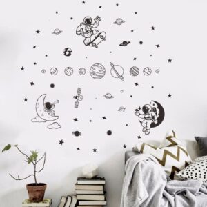 ANFRJJI Astronaut Wall Sticker - Removable PVC Vinyl Decals of Space Scooter, Telescope, Satellite and Planets - Cosmic Space Wall Decor for Kids Room, Game Room and Nursery - Galaxy Adventure Wall Art (Black-JWH214-Astronaut)