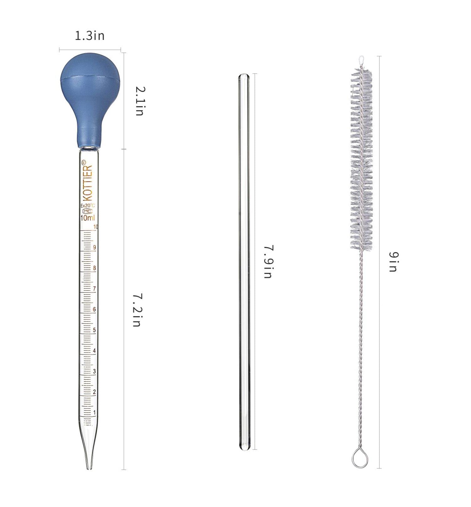 YEER 2Pcs 10ml Glass Graduated Droppers Lab Pipettes Liquid Glass Pipette with Rubber Caps 2 Pcs 20 cm Glass Stir Rod and Droppers Brush