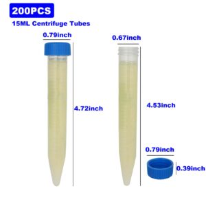 200 Pack Conical Centrifuge Tubes 15mL, Plastic Test Tubes with Graduated, Container Graduated with Marks and Write-on Spot for Scientific Experiments