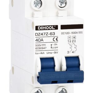 DIHOOL 40 Amp dc circuit breaker, 2-pole 500V DIN Rail Mount solar disconnect switch for Solar panels