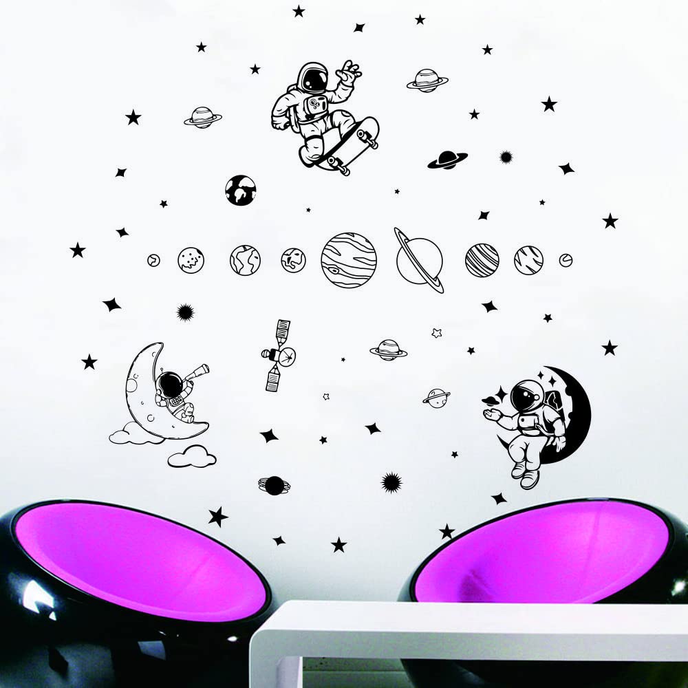 ANFRJJI Astronaut Wall Sticker - Removable PVC Vinyl Decals of Space Scooter, Telescope, Satellite and Planets - Cosmic Space Wall Decor for Kids Room, Game Room and Nursery - Galaxy Adventure Wall Art (Black-JWH214-Astronaut)