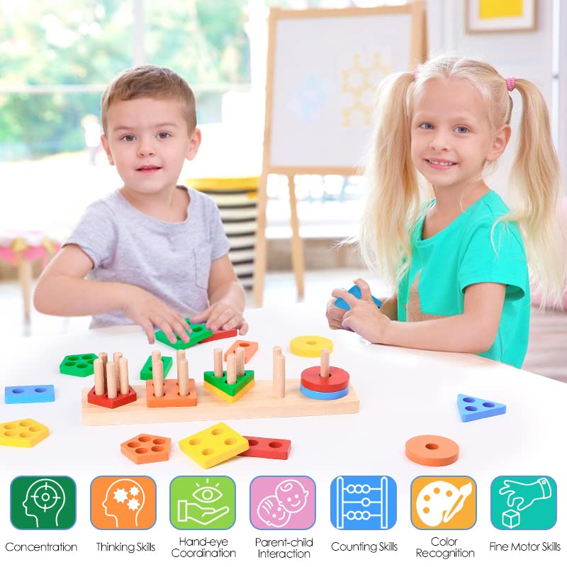 LotFancy Montessori Toys for 1 2 3 Year Old, Wooden Sorting & Stacking Toys, Educational Shape Sorter for Baby Toddlers Preschool Kids