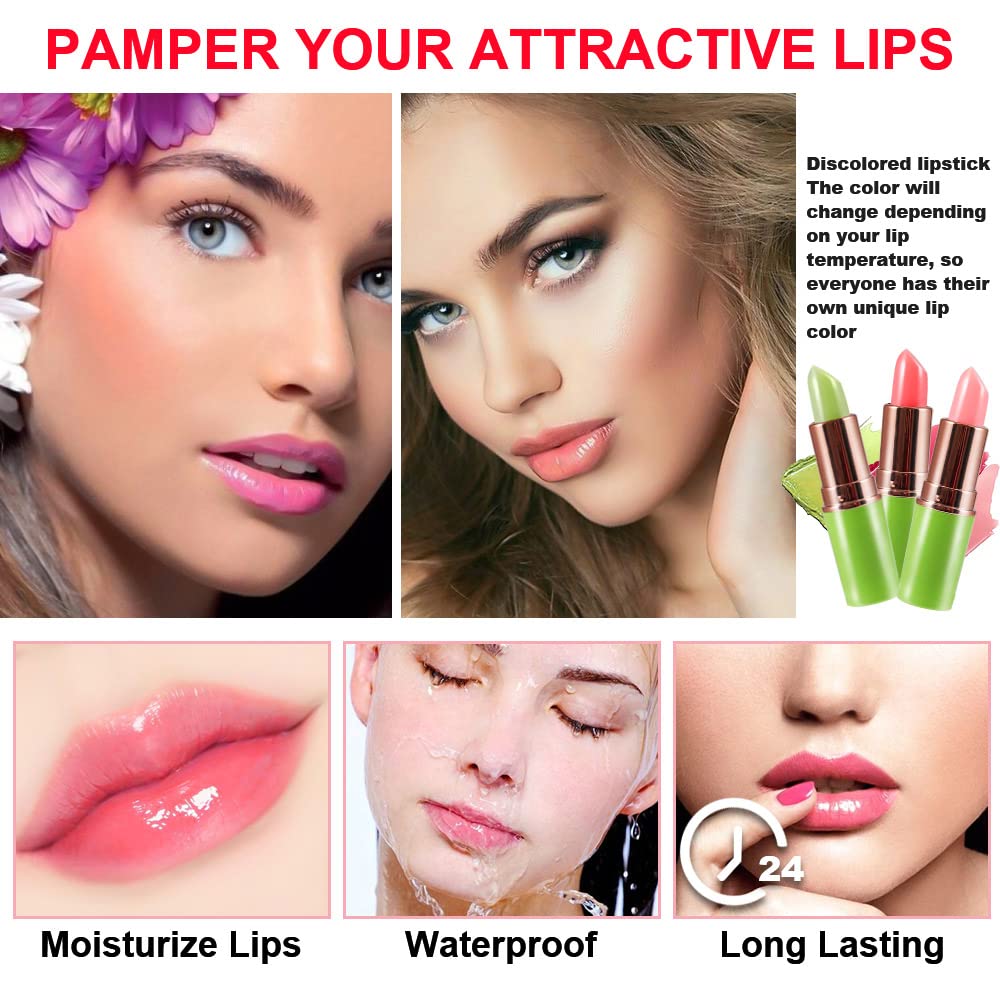 evpct 3Pcs Aloe Vera Strawberry Peach Pink Color Changing Lipstick Tinted Lip Color Balm Gloss Tint Set Green Magic PH Mood Kids Lipstick Color Changing Crystal Flower Jelly Lipstick Korean Makeup