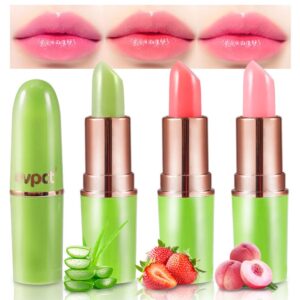 evpct 3pcs aloe vera strawberry peach pink color changing lipstick tinted lip color balm gloss tint set green magic ph mood kids lipstick color changing crystal flower jelly lipstick korean makeup