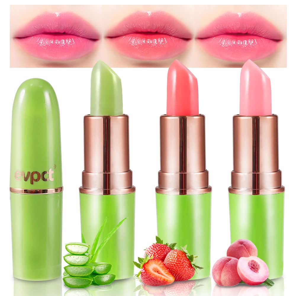 evpct 3Pcs Aloe Vera Strawberry Peach Pink Color Changing Lipstick Tinted Lip Color Balm Gloss Tint Set Green Magic PH Mood Kids Lipstick Color Changing Crystal Flower Jelly Lipstick Korean Makeup