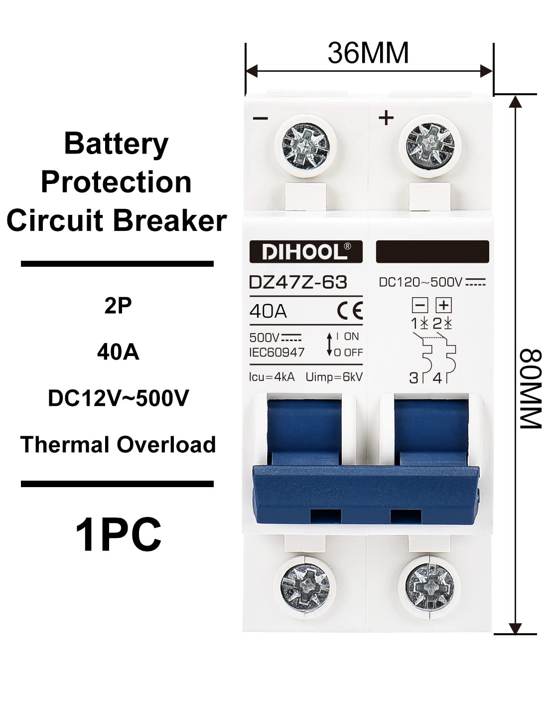 DIHOOL 40 Amp dc circuit breaker, 2-pole 500V DIN Rail Mount solar disconnect switch for Solar panels