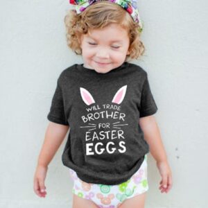 Baby Easter Shirt Trade Brother Sister for Easter Eggs Tshirt Toddler Bunny Short Sleeve Cotton Tops Grey