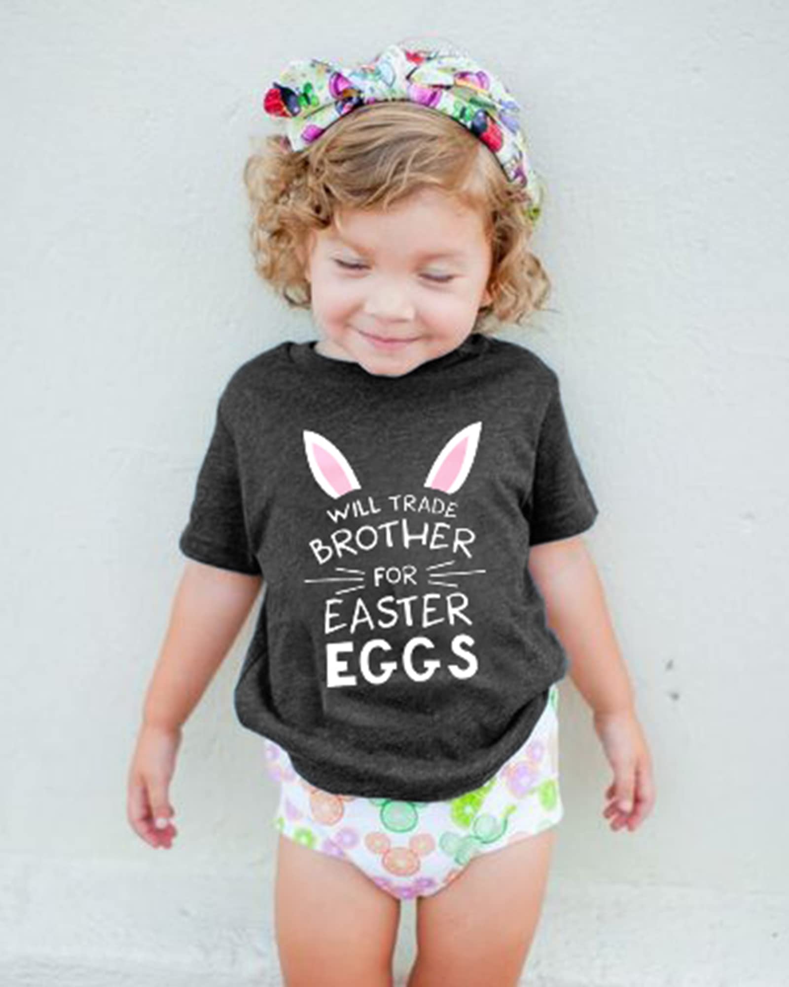 Baby Easter Shirt Trade Brother Sister for Easter Eggs Tshirt Toddler Bunny Short Sleeve Cotton Tops Grey