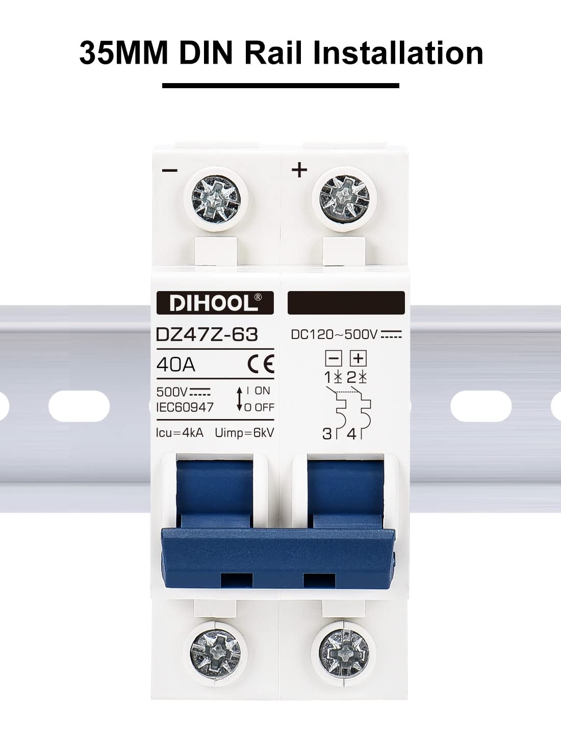 DIHOOL 40 Amp dc circuit breaker, 2-pole 500V DIN Rail Mount solar disconnect switch for Solar panels