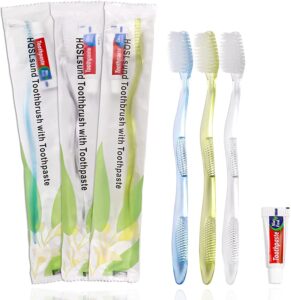 hqslsund 120 pack disposable toothbrushes with toothpaste individually wrapped, manual travel disposable toothbrushes bulk with 5g travel toothpaste, adult kid travel toiletries,3 colors