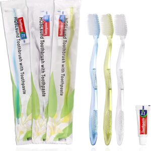 HQSLsund 120 Pack Disposable Toothbrushes with Toothpaste Individually Wrapped, Manual Travel Disposable Toothbrushes Bulk with 5g Travel Toothpaste, Adult Kid Travel Toiletries,3 Colors