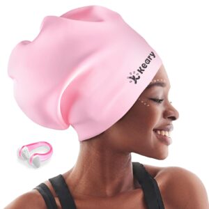 extra large swim cap for braids and dreadlocks afro hair extensions weave long hair, waterproof silicone cover ear bath pool shower swimming cap for women men youth kids girl , pink, one size