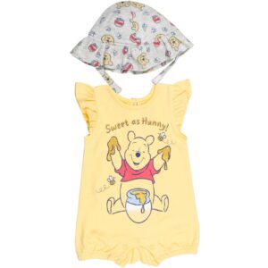 disney winnie the pooh newborn baby girls snap romper and bucket sun hat yellow 3-6 months