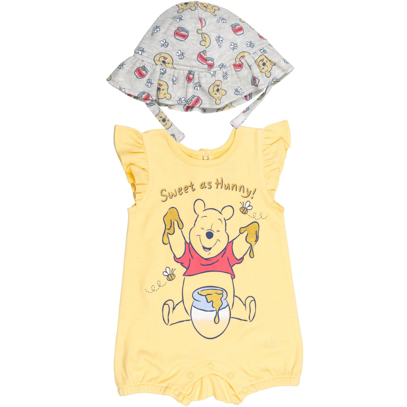 Disney Winnie the Pooh Newborn Baby Girls Snap Romper and Bucket Sun Hat Yellow 3-6 Months